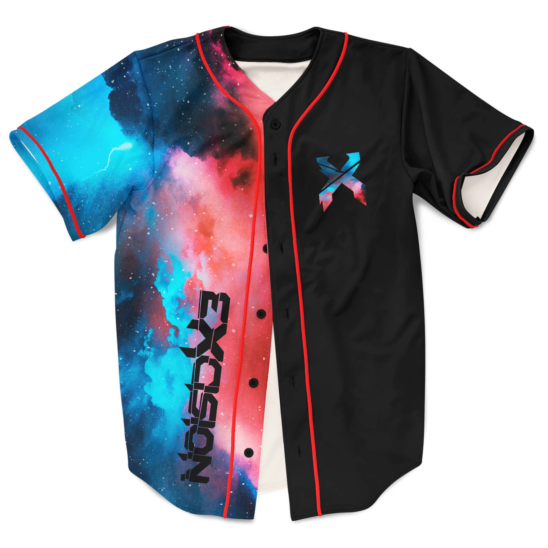 Excision red and blue galactic split rave jersey for Edm festivals - RaveJersey